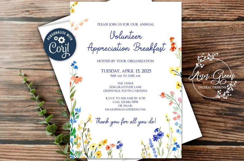 Editable Spring Volunteer Appreciation Breakfast Template, Wildflowers ...