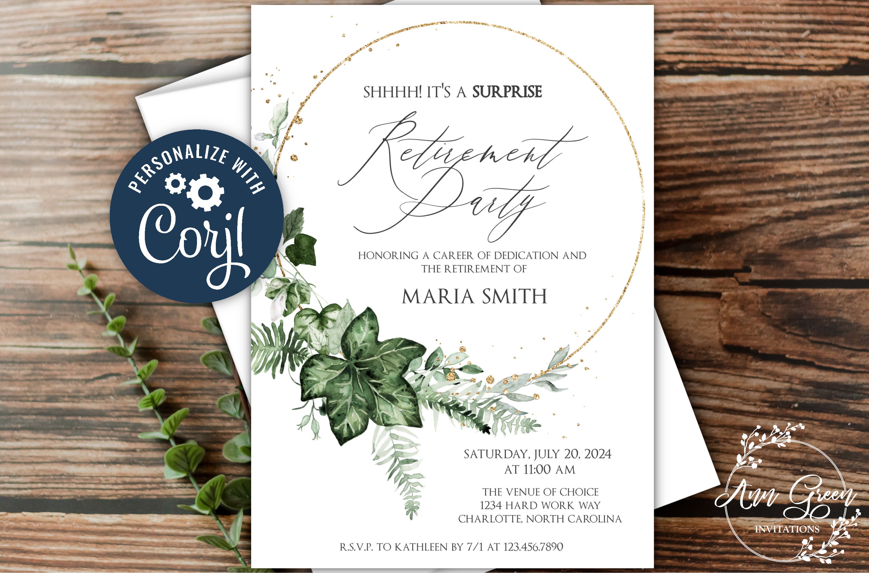 Surprise Retirement Party Invitation Template, Green and Gold Ivy ...