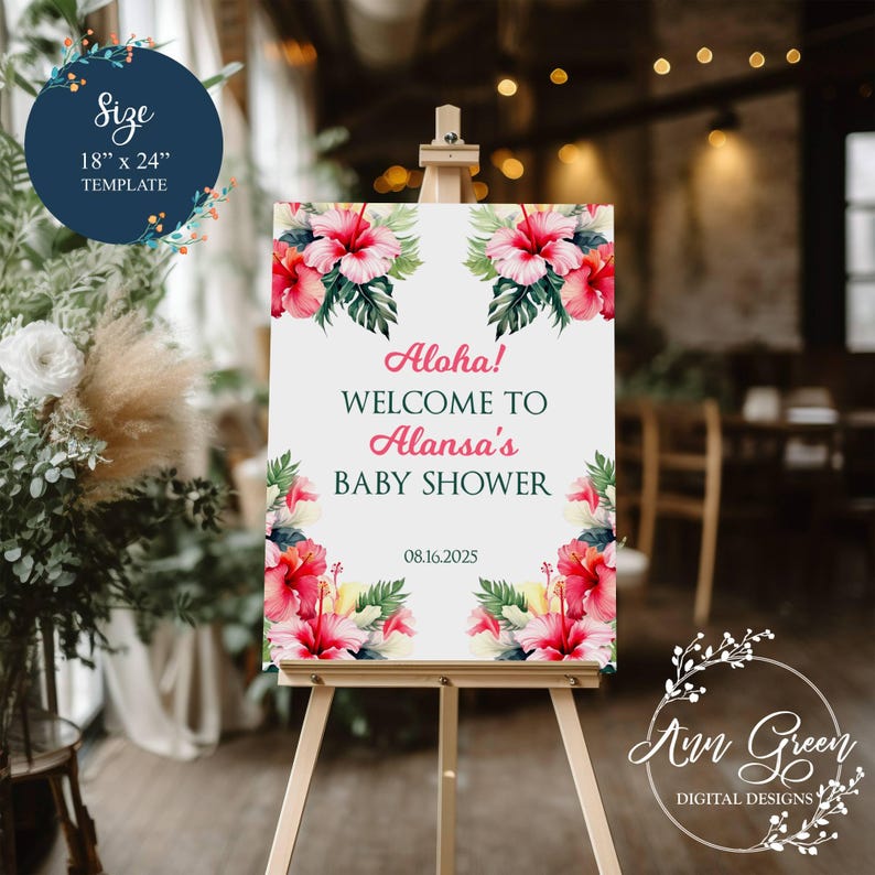 Aloha Tropical Baby Shower Welcome Sign: Hawaiian Luau, Editable ...