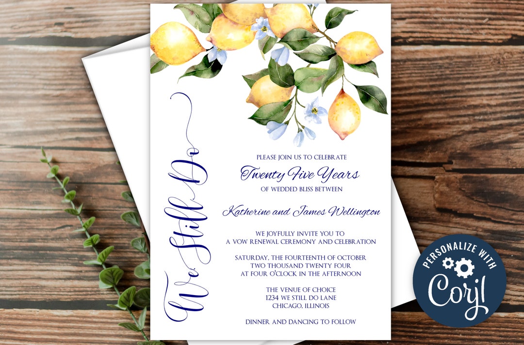 Lemon Vow Renewal Invitation Template, 25th Anniversary Party, Tuscany ...