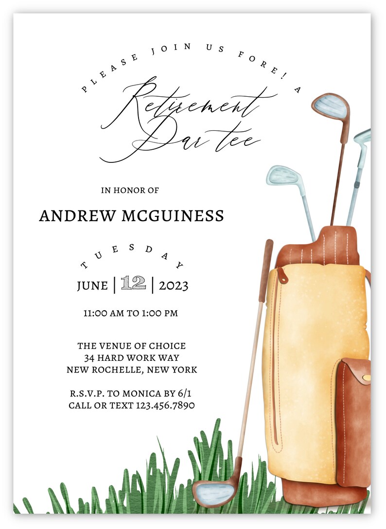 Golf Retirement Party Invitation Template, Golf Clubs and Bag on Grass ...
