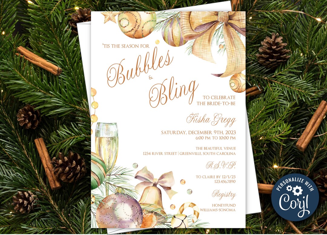 Bubbles and Bling Christmas Holiday Bridal Shower Invitation Template, Gold, Festive ...