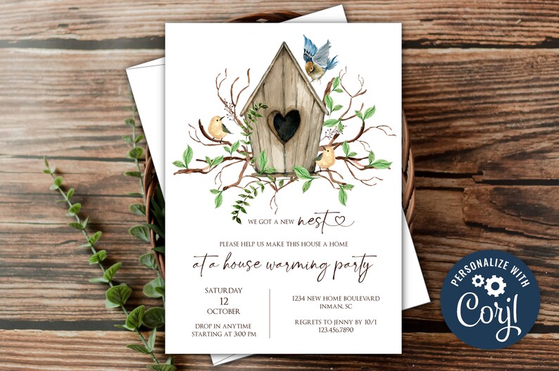 House Warming Party Invitation Template, New Nest, Birdhouse and Birds ...