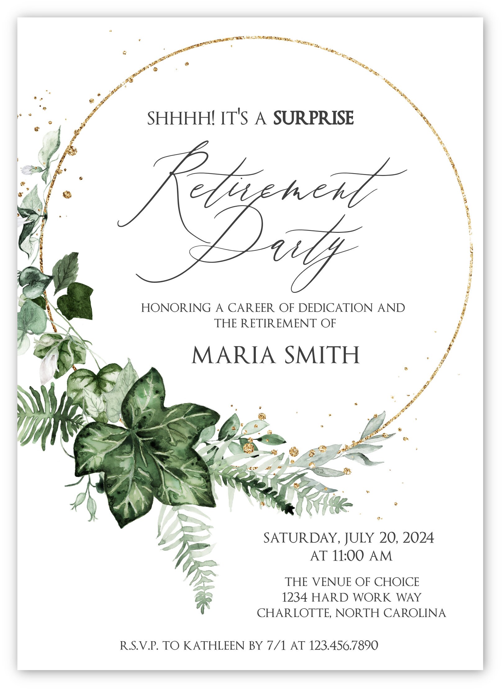 Surprise Retirement Party Invitation Template, Green and Gold Ivy ...