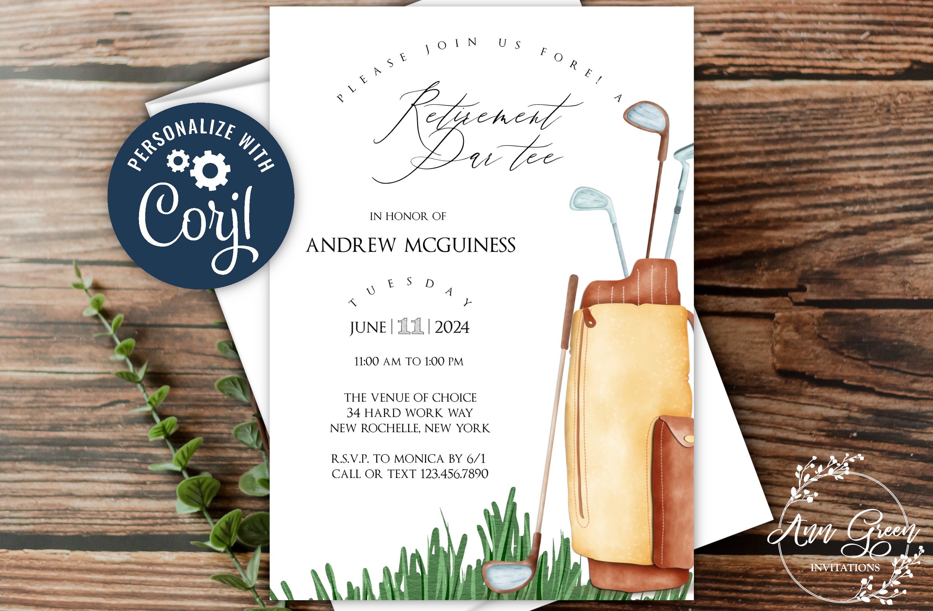 Golf Retirement Party Invitation Template, Golf Clubs and Bag on Grass ...