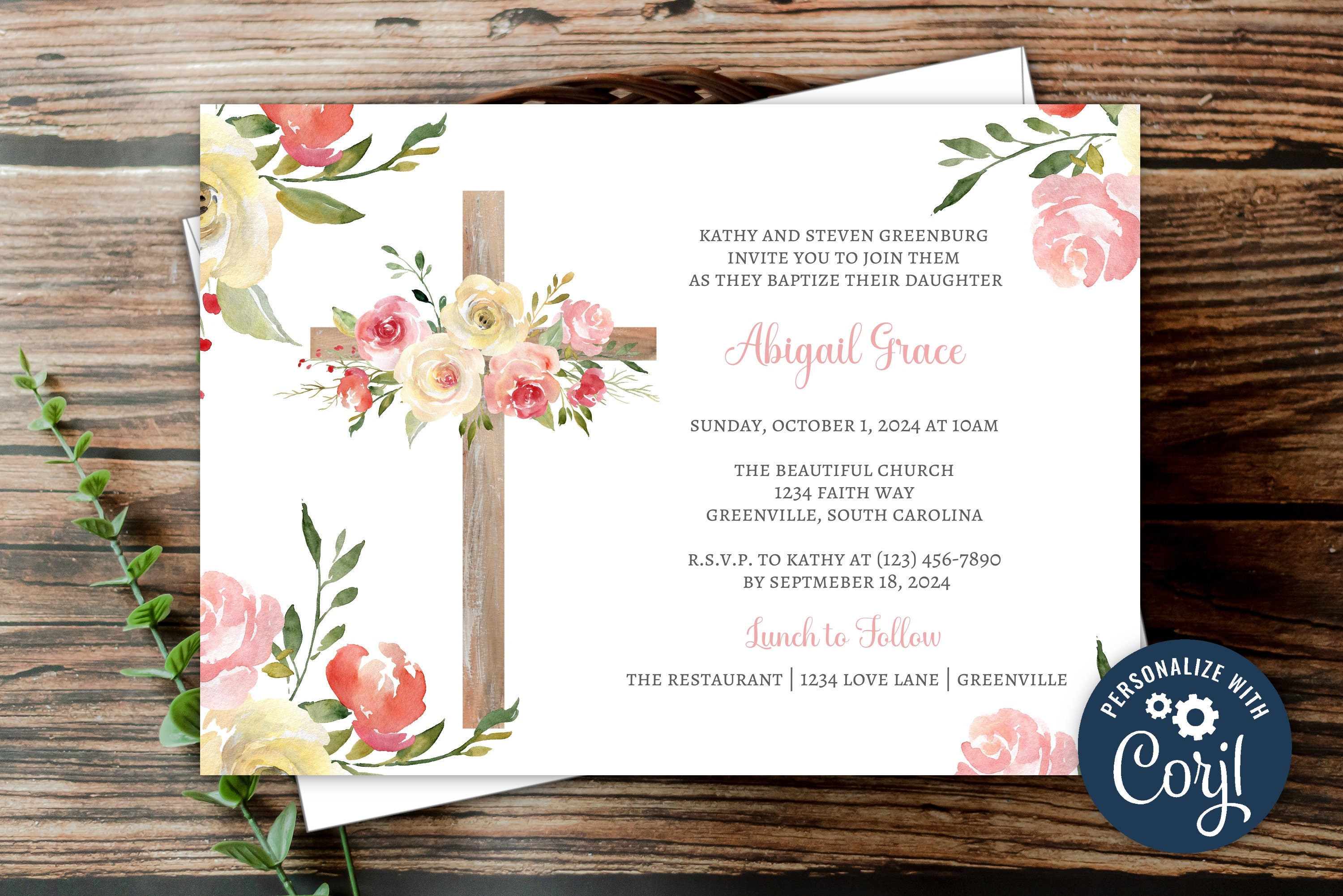Baby Girl Baptism Invitation Template, Pink and Ivory Flowers, Spring ...