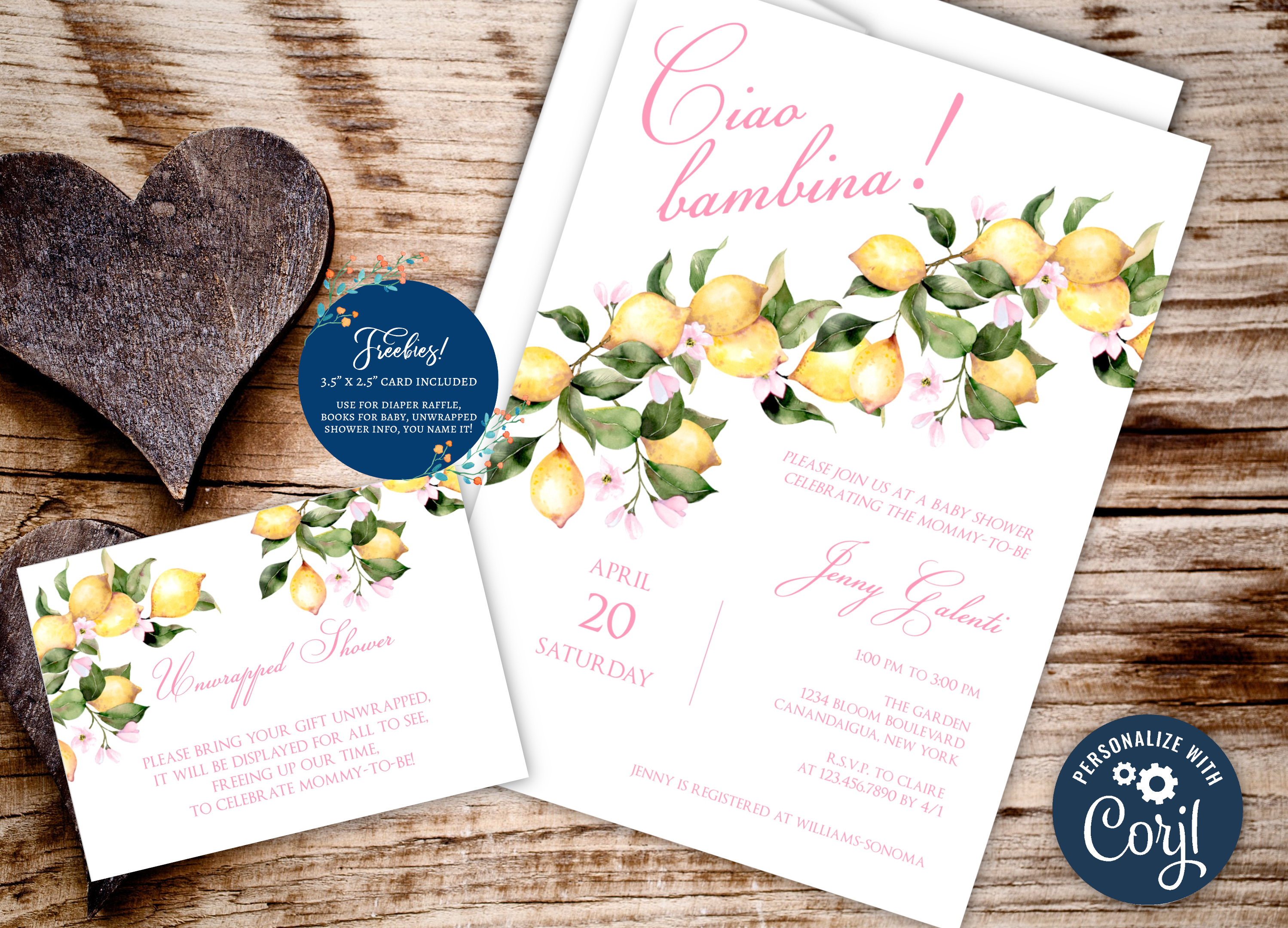 Pink Ciao Bambina Tuscany Amalfi Lemon Baby Shower Invitations, Digital ...