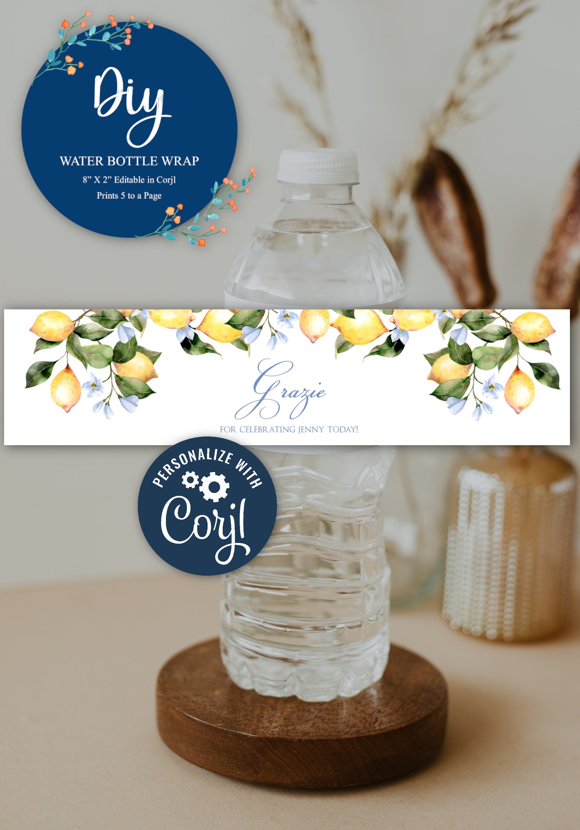 Editable DIY Lemon Print Water Bottle Label, Tuscany Lemon Baby Shower ...