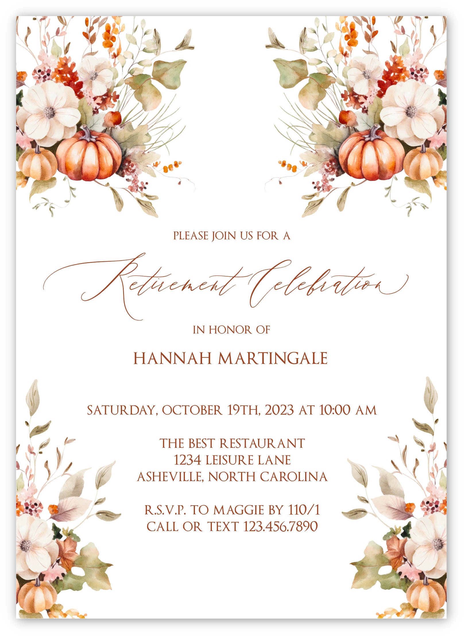 Fall Retirement Party Invitation Template Floral Pumpkin - Etsy