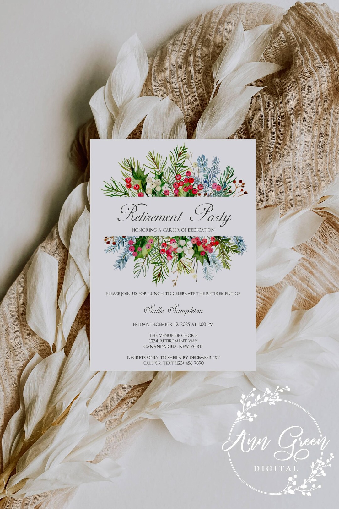 Winter Retirement Party Invitation: Pine & Berries Holiday Design ...
