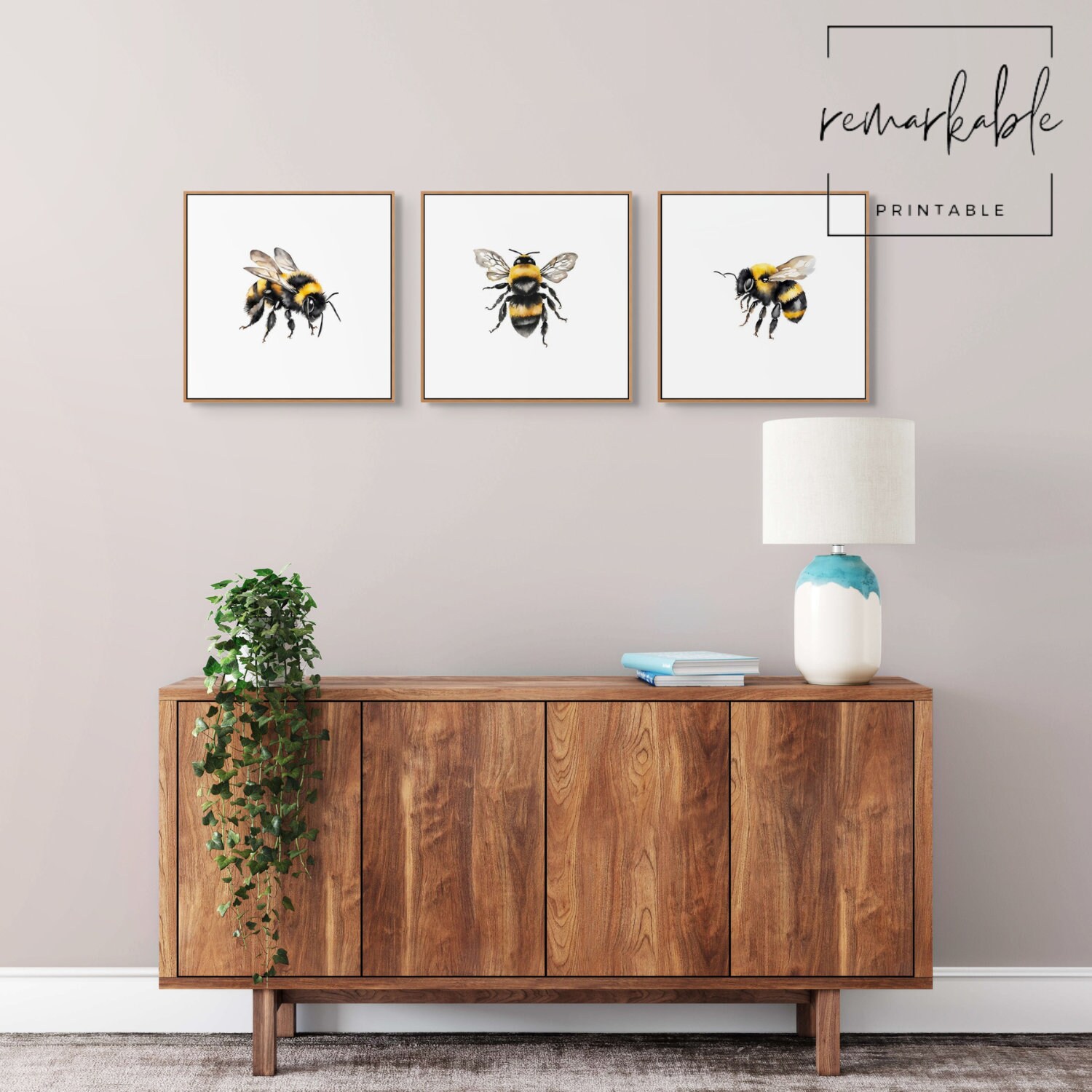 Bee Art Prints, Printable Set of 3, Watercolor Bumblebee Print, Bee ...