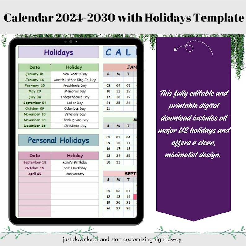 Calendar With Holidays Template, Editable Yearly Planner, Printable ...