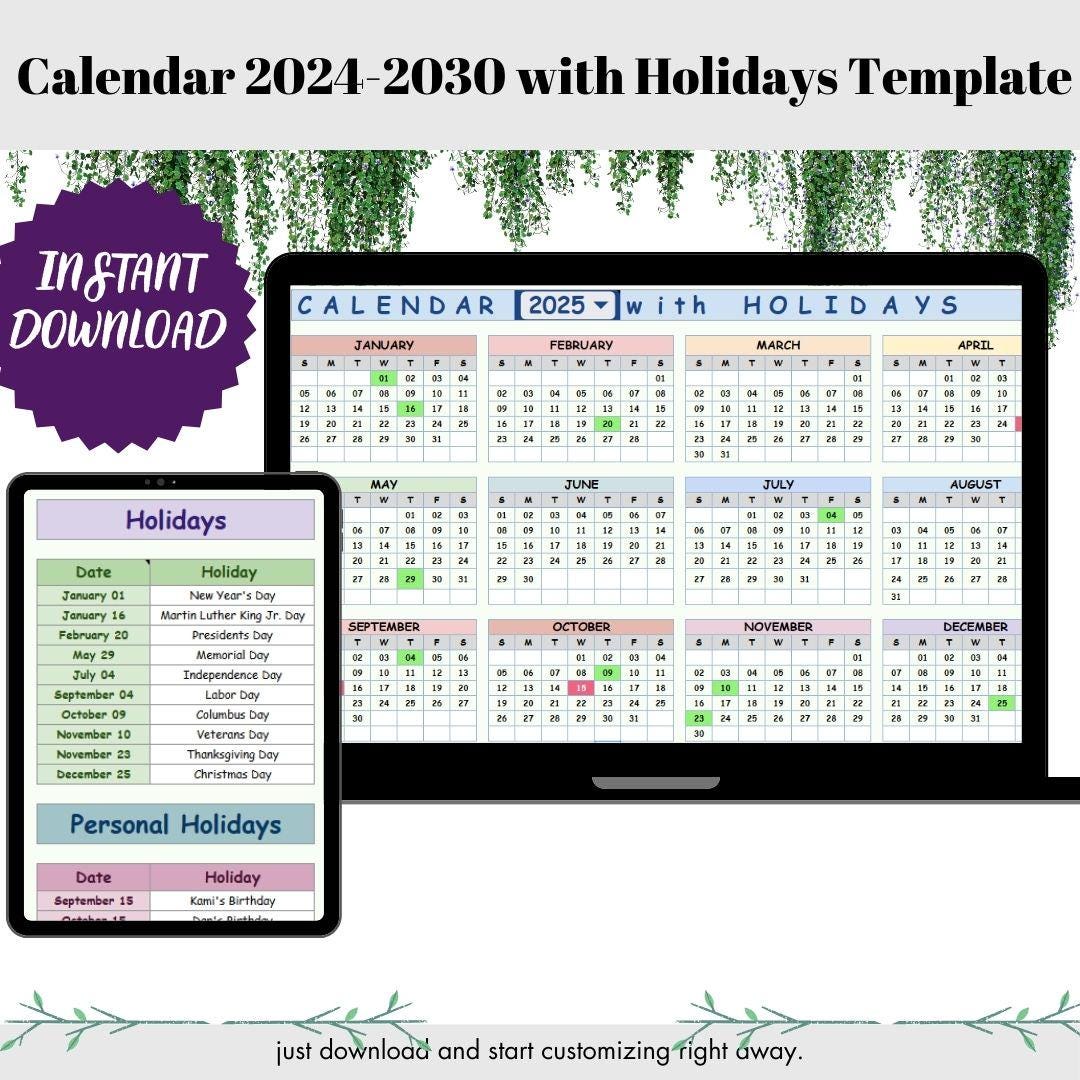 Calendar With Holidays Template, Editable Yearly Planner, Printable ...