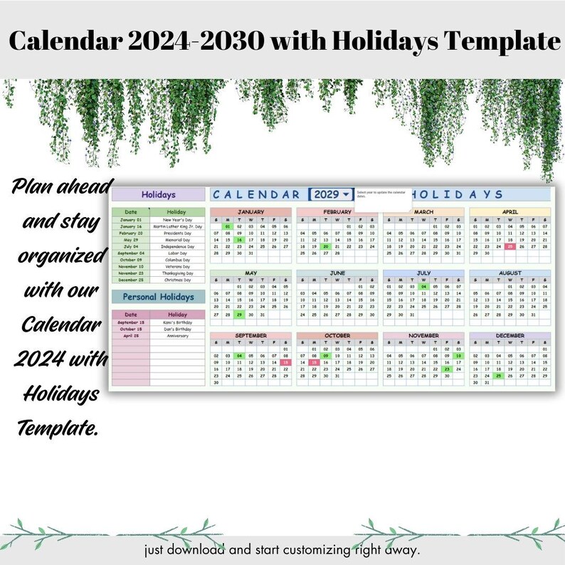 Calendar With Holidays Template, Editable Yearly Planner, Printable ...