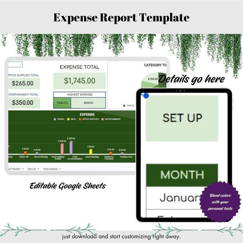 Expense Report Template, Editable Google Sheets, Easy-to-use Digital Download for Business and ...