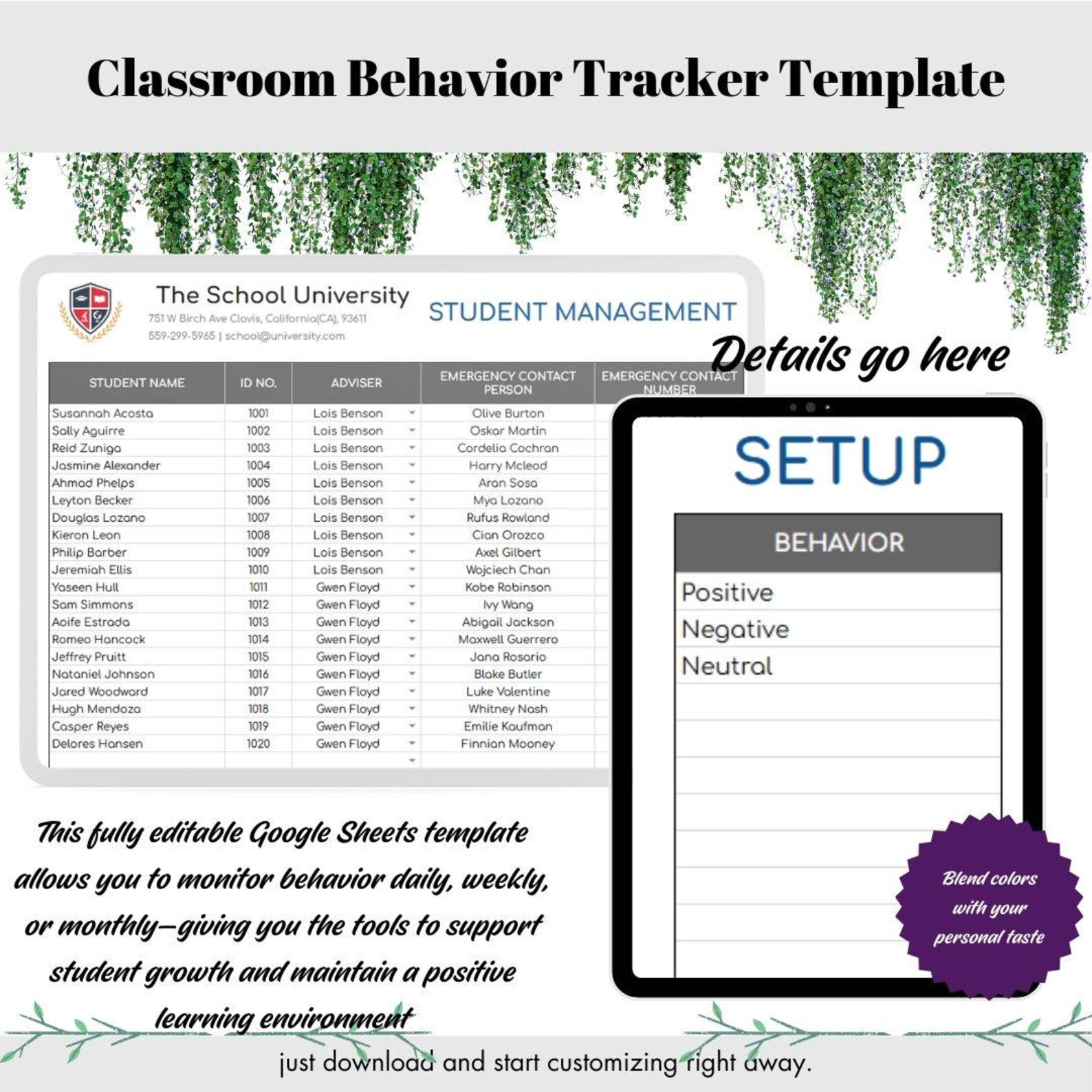 Classroom Behavior Tracker Template Editable Google Sheets, Easy-to-use ...