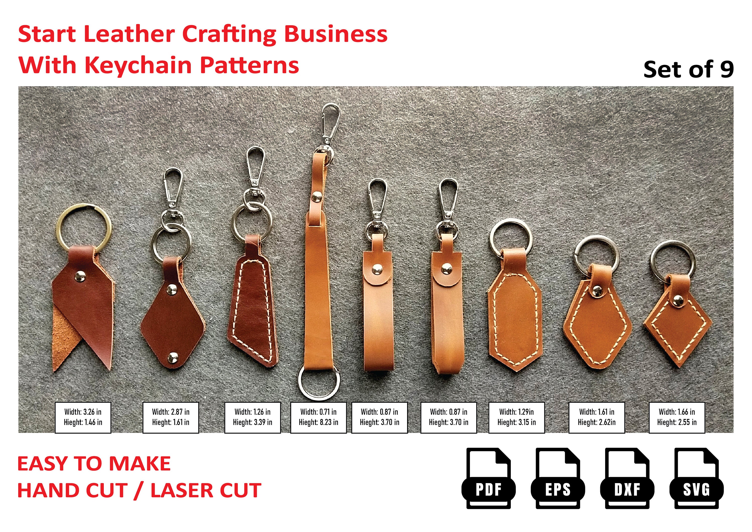 Set of 9 Keychain Digital Svg Pdf Pattern, Leather Keychain Laser Cut ...