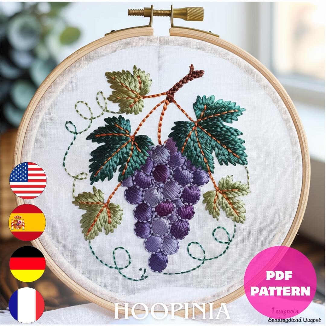 Grapes Hand Embroidery Pattern PDF – Fruit Hoop Design – Vineyard ...