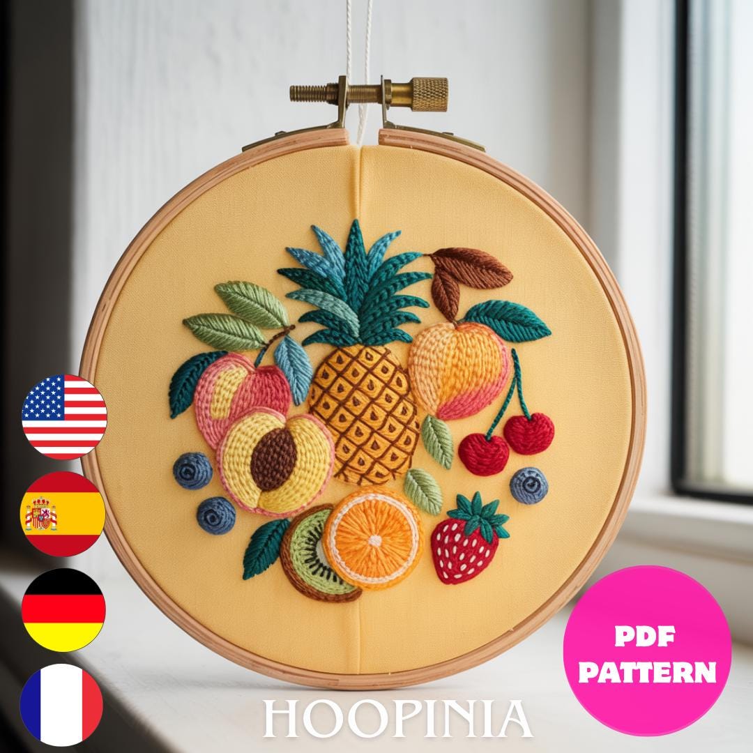 Tropical Fruits Hand Embroidery Pattern, Pineapple & Summer Fruit Hoop ...
