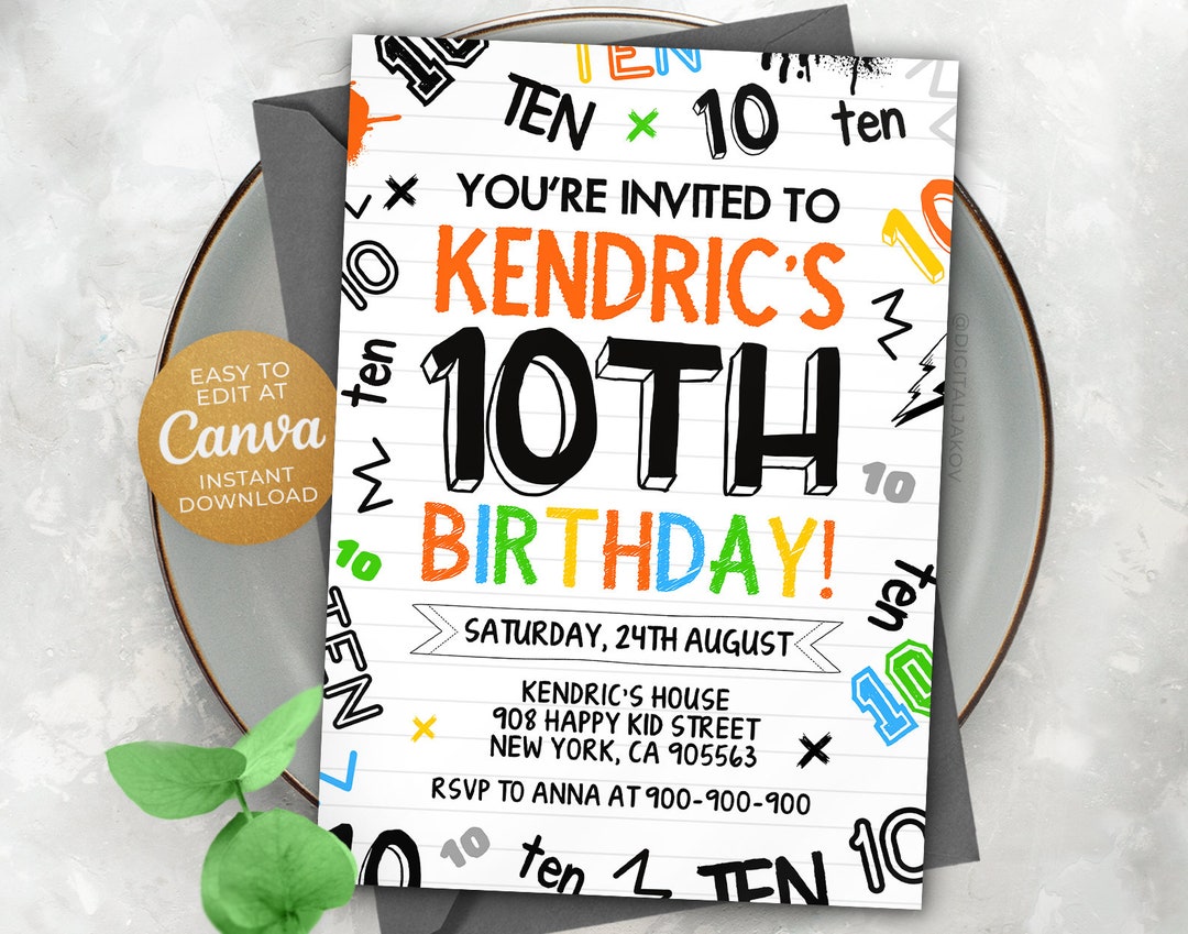 10th Birthday Invitation, Boy Birthday Invitation, Canva Editable ...
