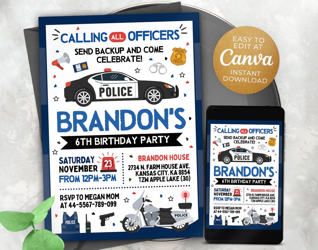 Editable Police Birthday Invitation, Police Invitation, Sheriff ...