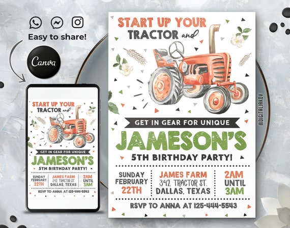 Editable Tractor Birthday Invitation Template, Printable Birthday Party ...