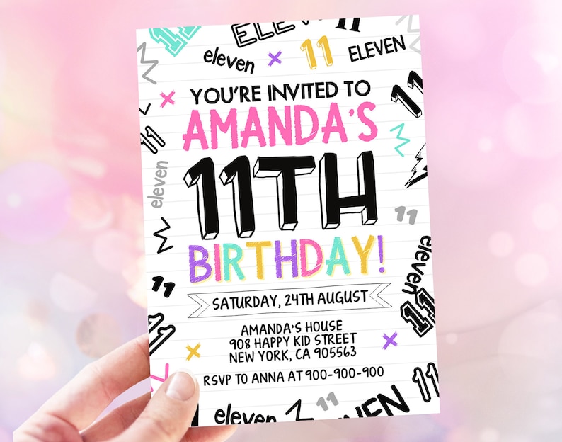 Girl 11th Birthday Invitation: Canva Editable Template (5x7) (digital ...
