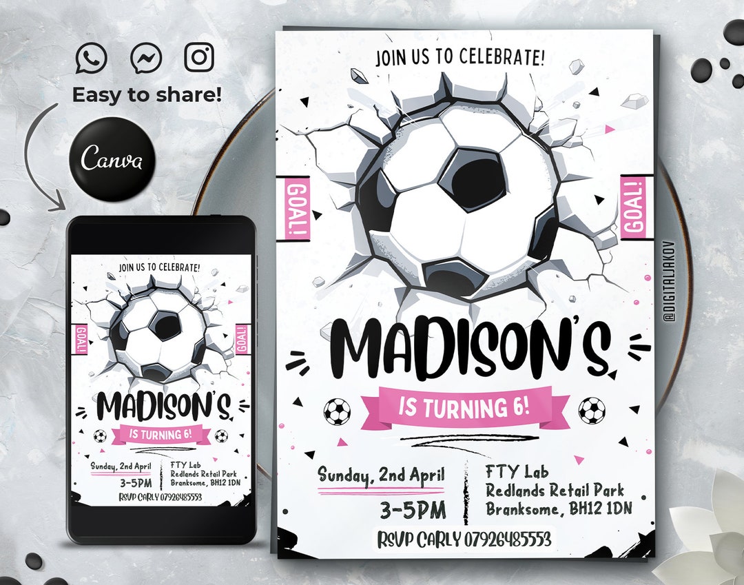 Editable Girl Soccer Birthday Invitation Template Printable - Etsy