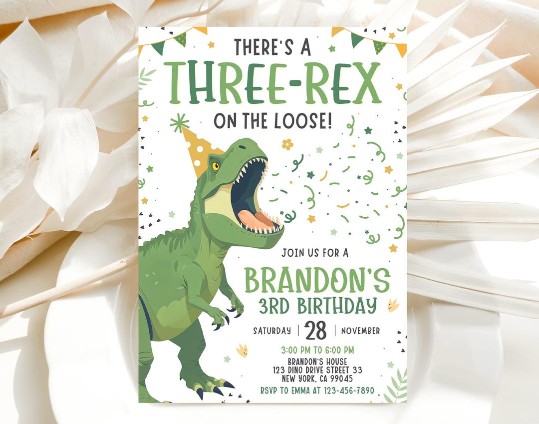 Dinosaur Birthday Invitation, Editable Three Rex Birthday Invite, Boys ...