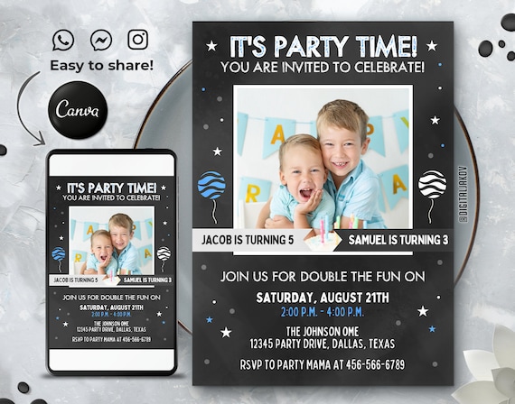 Editable Double Birthday Invitation Template, Printable Birthday Party ...