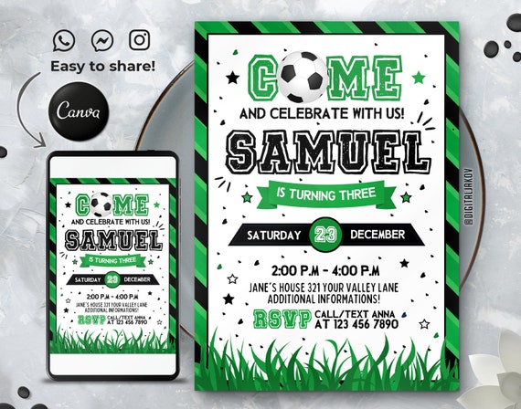 Editable Soccer Birthday Invitation Template, Printable Birthday Party ...