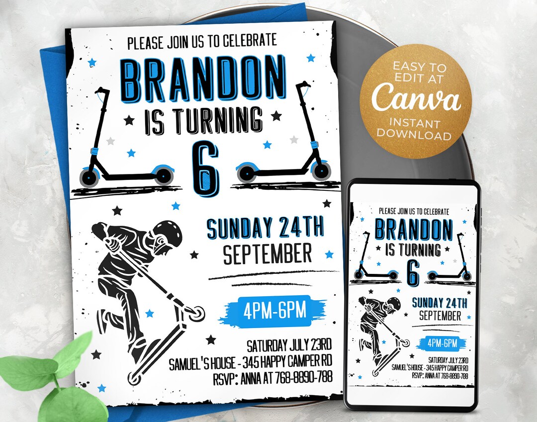 Editable Scooter Skating Birthday Invitation Template, Printable ...