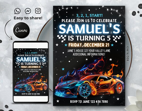 Editable Cars Birthday Invitation Template, Printable Birthday Party ...