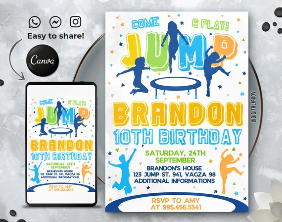 Editable Jump Birthday Invitation Template, Printable Birthday Party ...