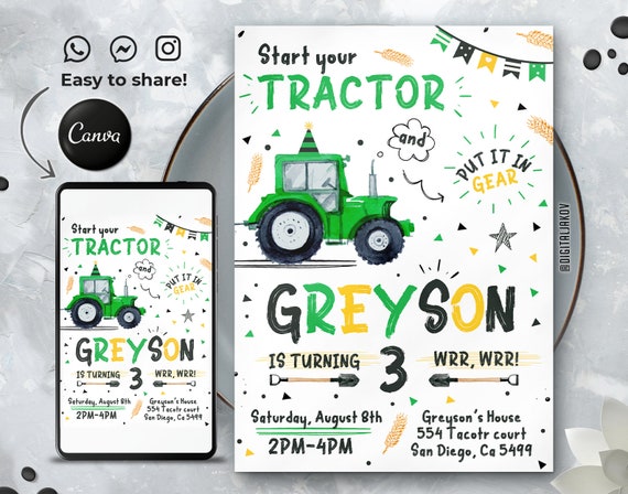 Editable Tractor Birthday Invitation Template, Printable Birthday Party ...