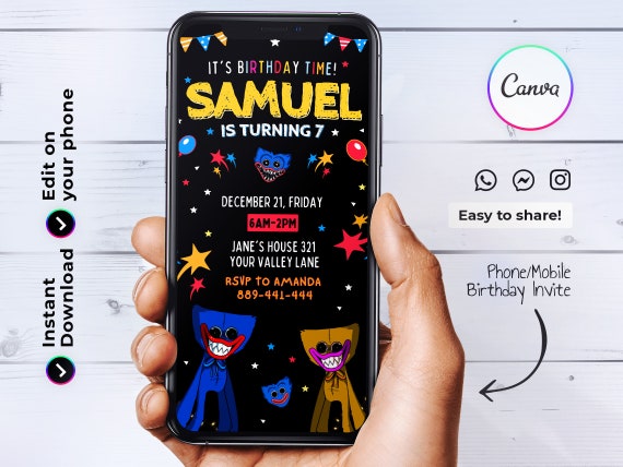 Editable Huggy Wuggy Mobile Birthday Invitation Template | Birthday ...
