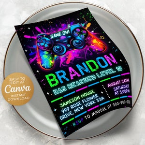 Video Game Party Invitation, Printable Gamer Birthday Invite, Neon ...