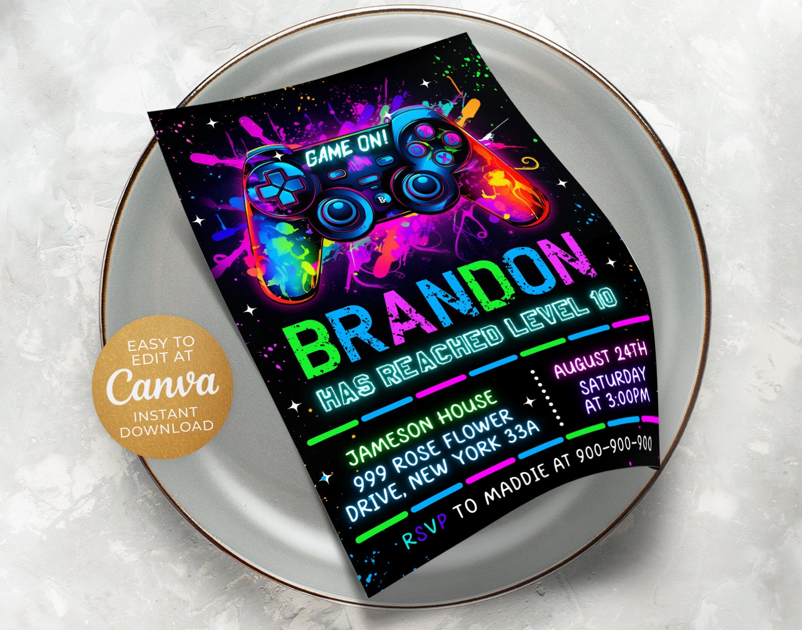 Video Game Party Invitation, Printable Gamer Birthday Invite, Neon ...