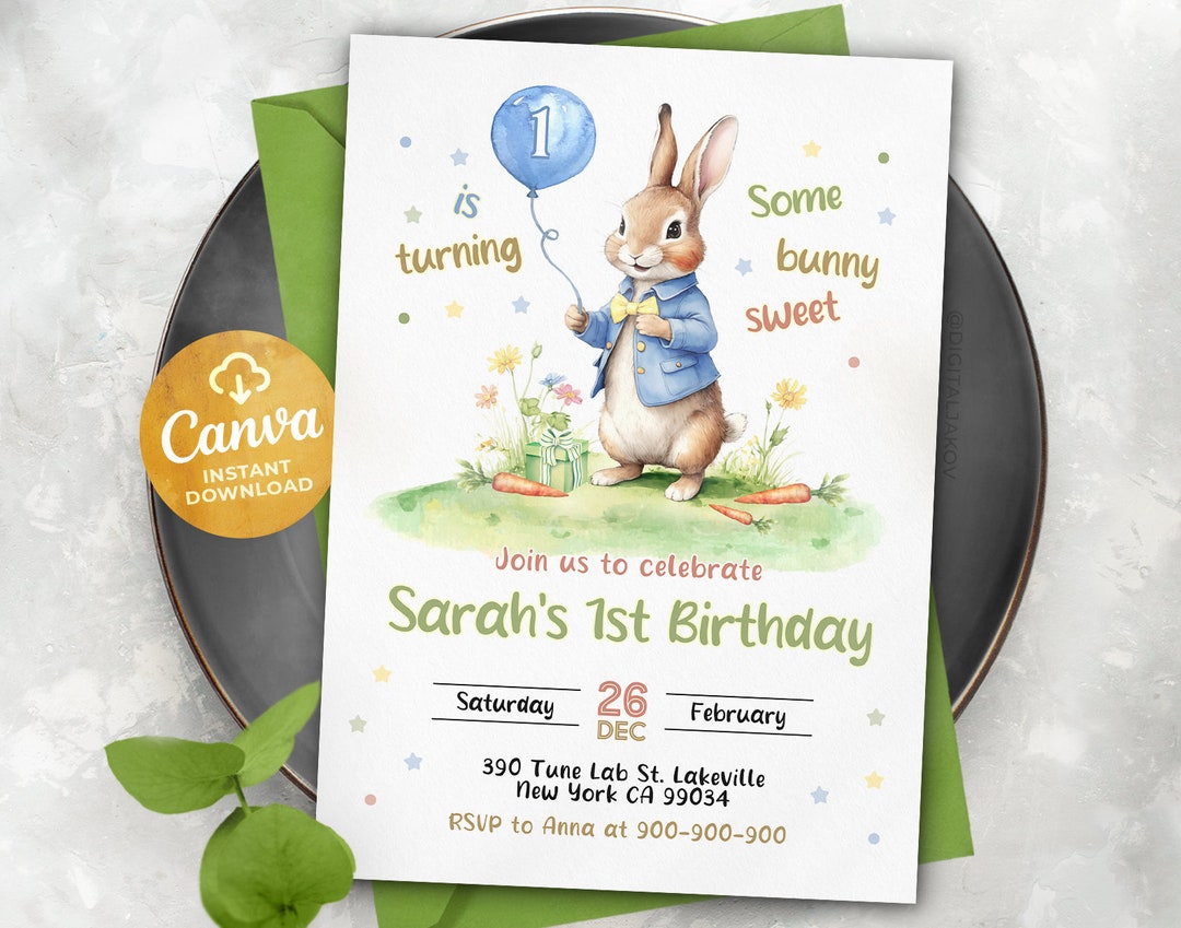 Peter Rabbit First Birthday Invitation, Editable Invite Template ...
