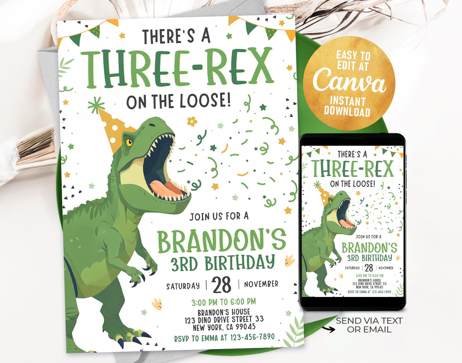 Dinosaur Birthday Invitation, Editable Three Rex Birthday Invite, Boys ...