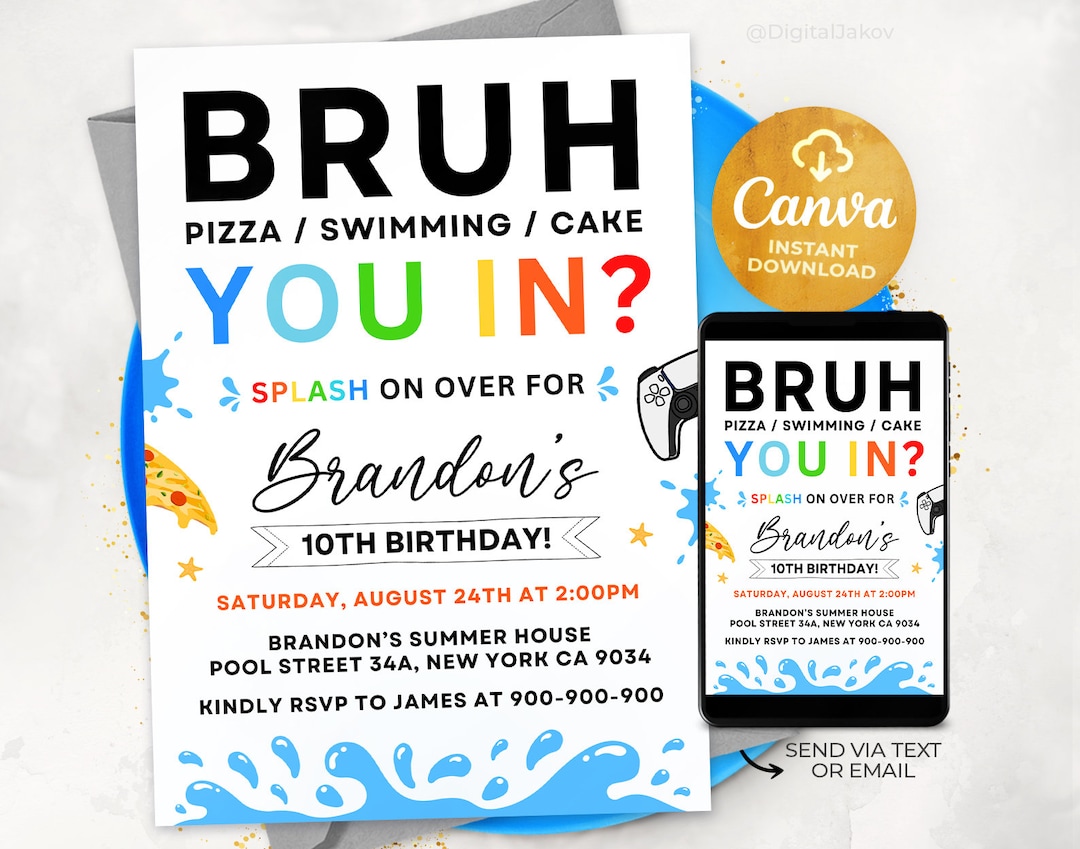 Bruh Birthday Invitation, Boy Pool Birthday Party Invitation, Bruh It's ...