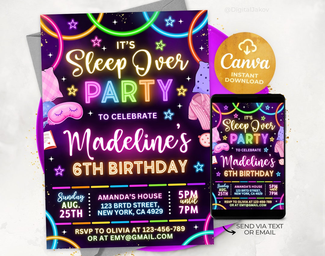 Sleepover Birthday Invitation, Neon Sleepover Invite, Slumber Party ...