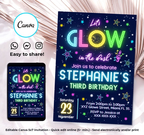Editable Glow Birthday Invitation Template, Printable Birthday Party ...