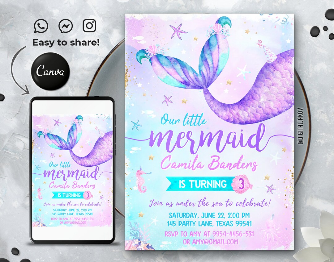 Editable Mermaid Birthday Invitation Template Printable - Etsy