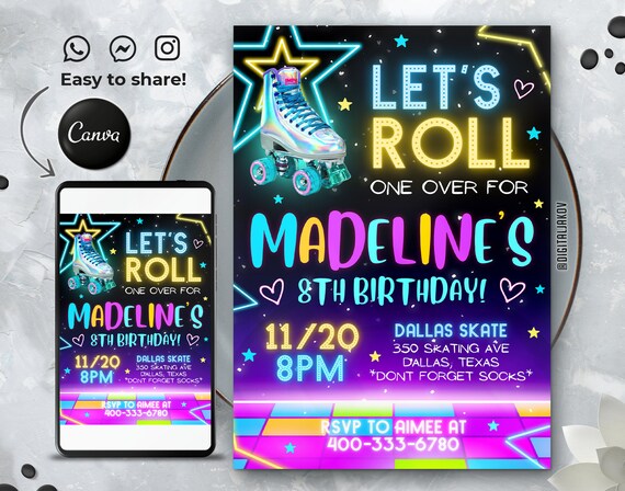 Editable Roller Skating Kids Birthday Invitation Template, Printable ...