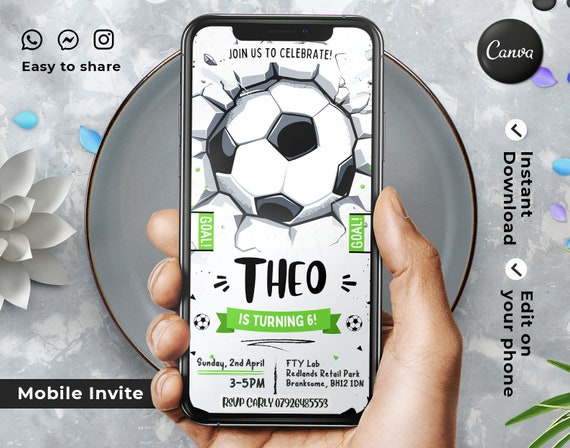 Editable Soccer Mobile Invitation Template | Birthday Party Invitations ...