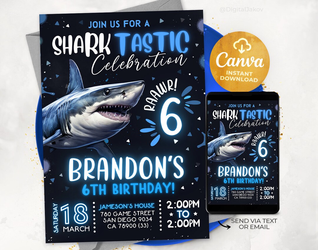 Editable Shark Invitation, Shark Invites, Boy Invitation, Shark ...
