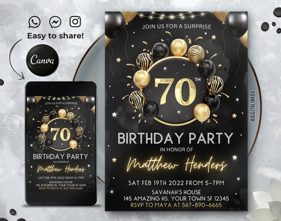 Editable 70th Birthday Invitation Template, Printable Birthday Party ...