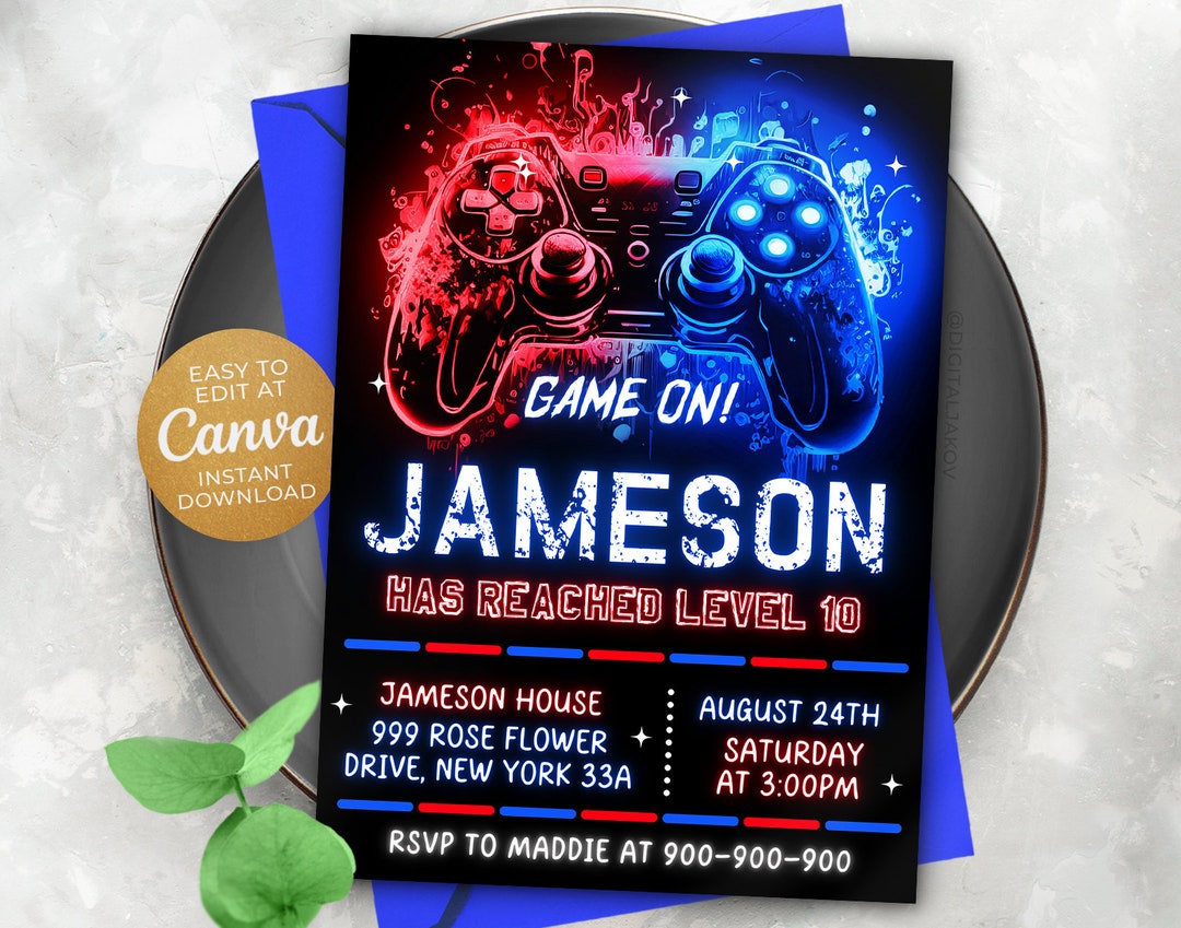 Video Game Party Invitation, Printable Gamer Birthday Invite, Neon ...