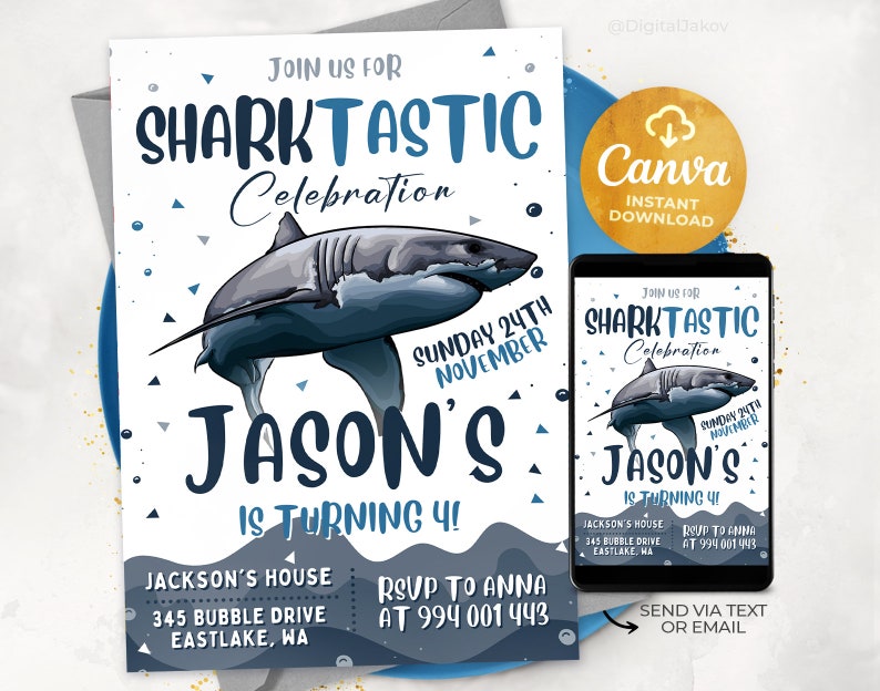 Editable Shark Birthday Invitation Template, Printable Birthday Party ...
